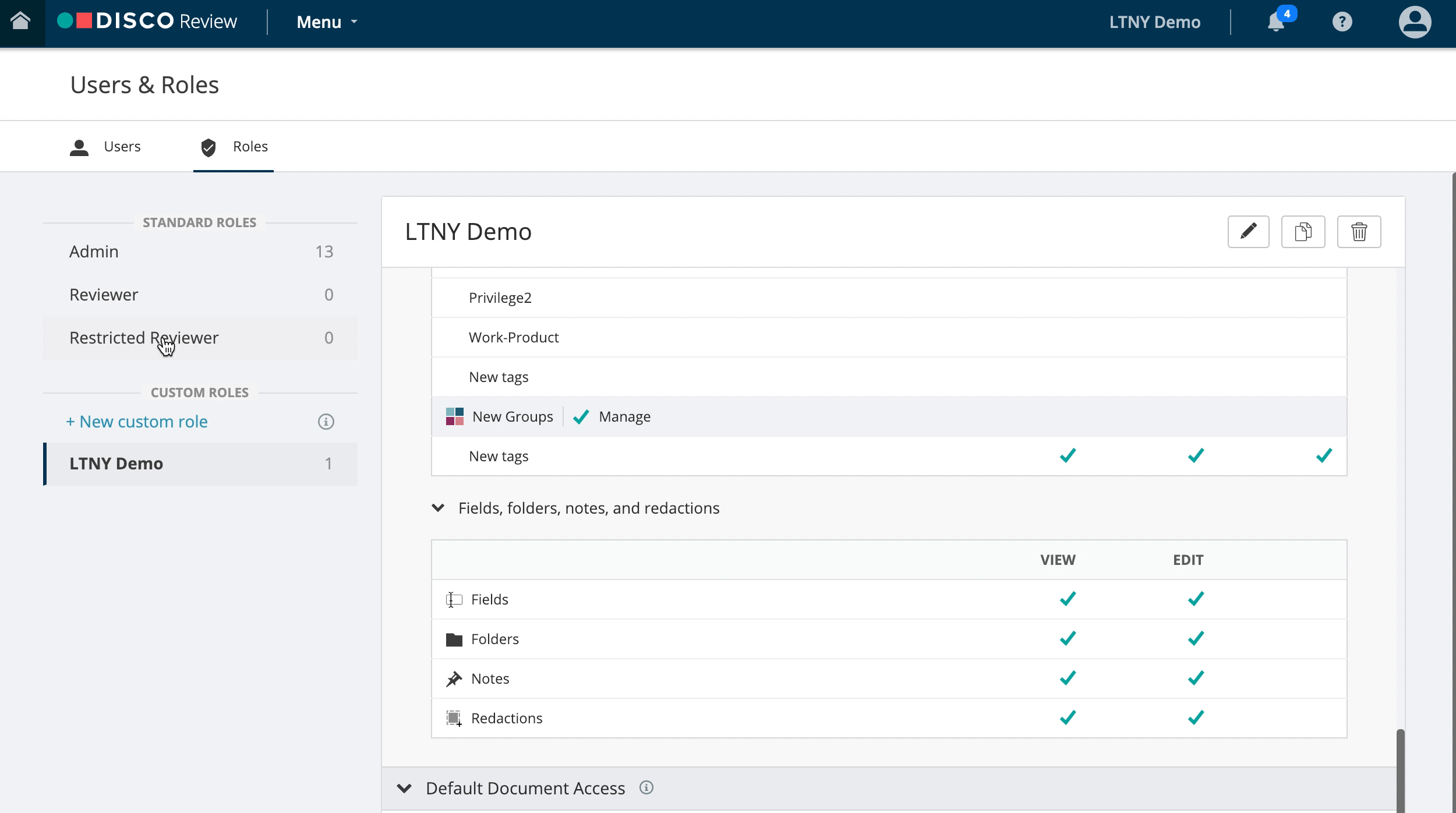 Managing users, roles, and permissions in a review database – DISCO